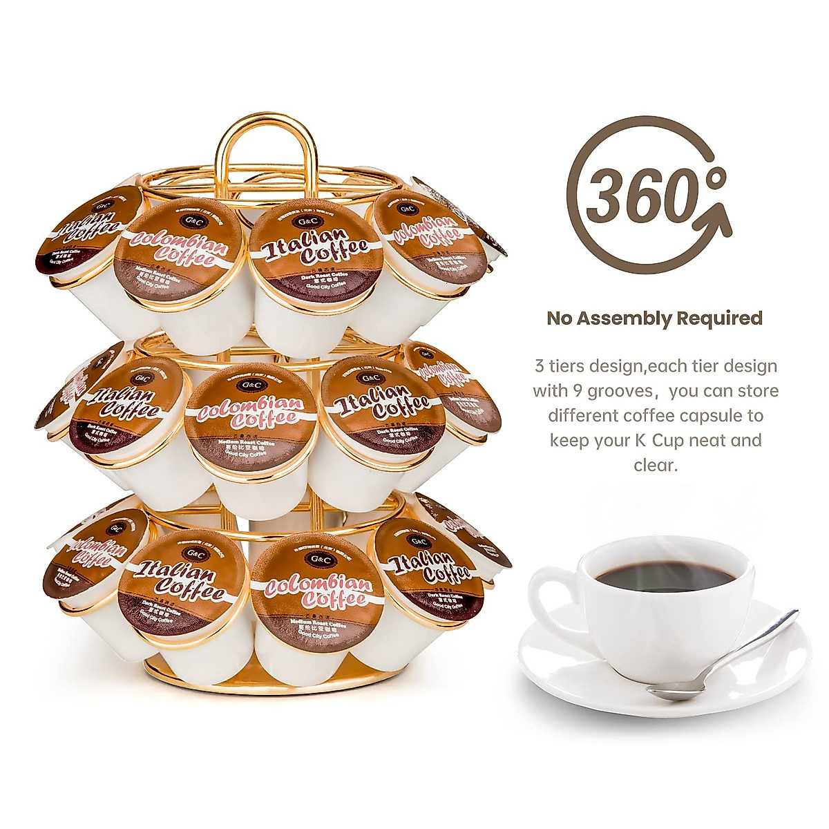 KREWEY Coffee Pod Holder, K Cup Holders，Coffee Pod Storage Compatible with K Cups (27 Pods), Spins 360-Degrees Coffee Pod Carousel Holder Organizer, Modern Gold Design (Round,Shining Gold)