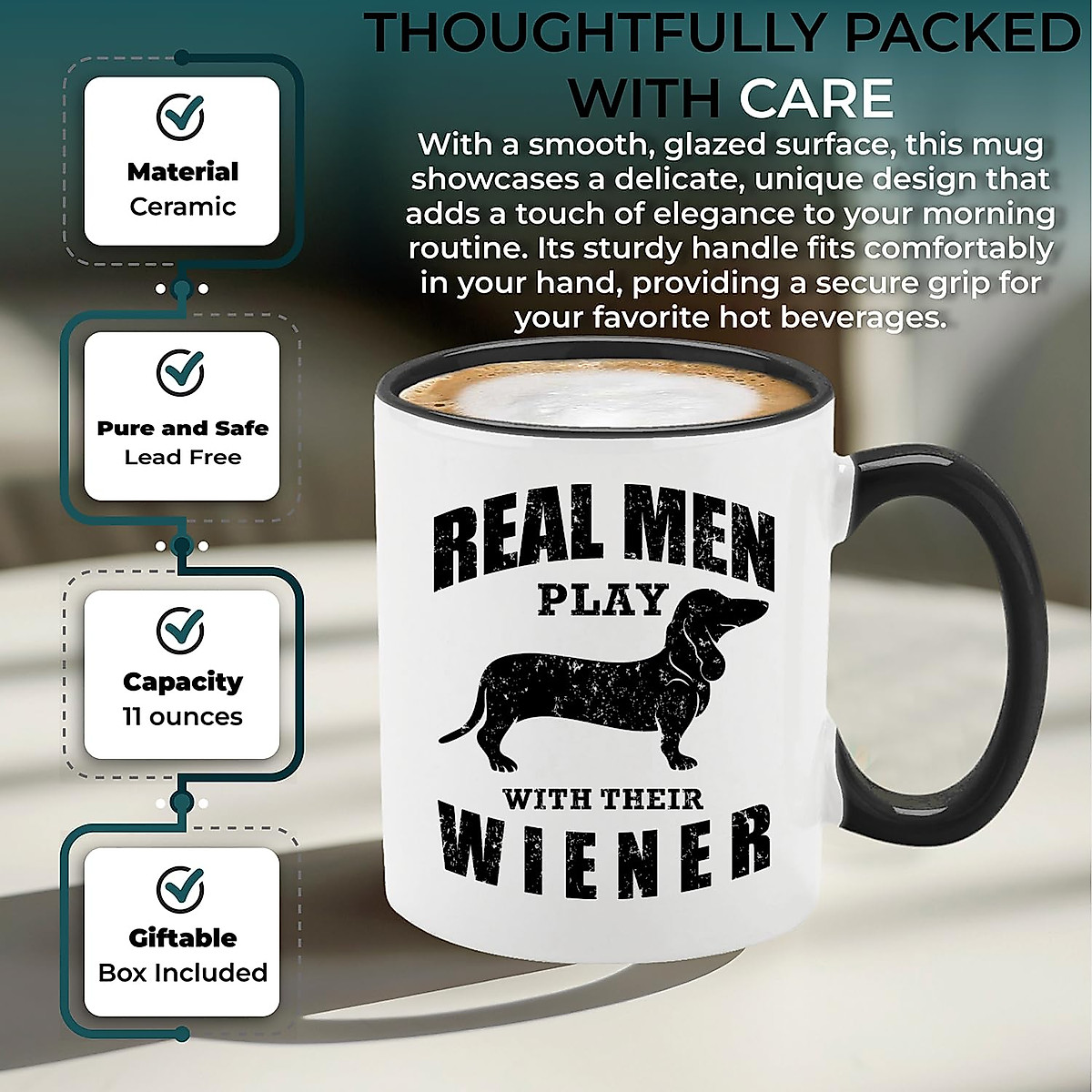shop4ever Real Men Play with their Wiener Ceramic Coffee Mug Tea Cup, Funny Dachshund Weiner Dog Dad Gift 11 oz. (Black Handle)