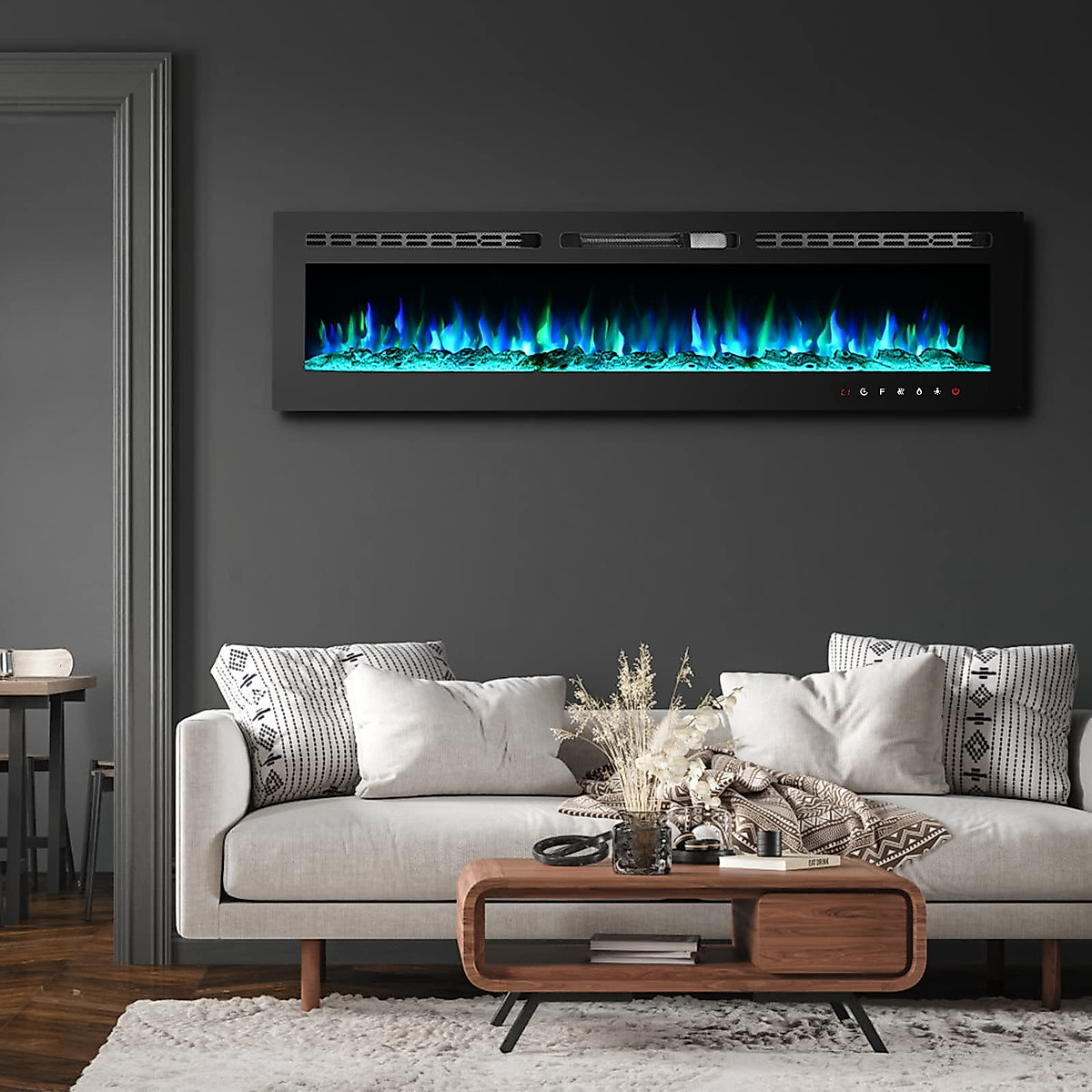 EROMMY 70 in Electric Fireplace Insert, Recessed and Wall Mounted Fireplace Linear Fireplace with Timer, Remote Control, Touch Screen, Overheating Protection, Log&Crystal, Adjustable Flame, 750/1500W