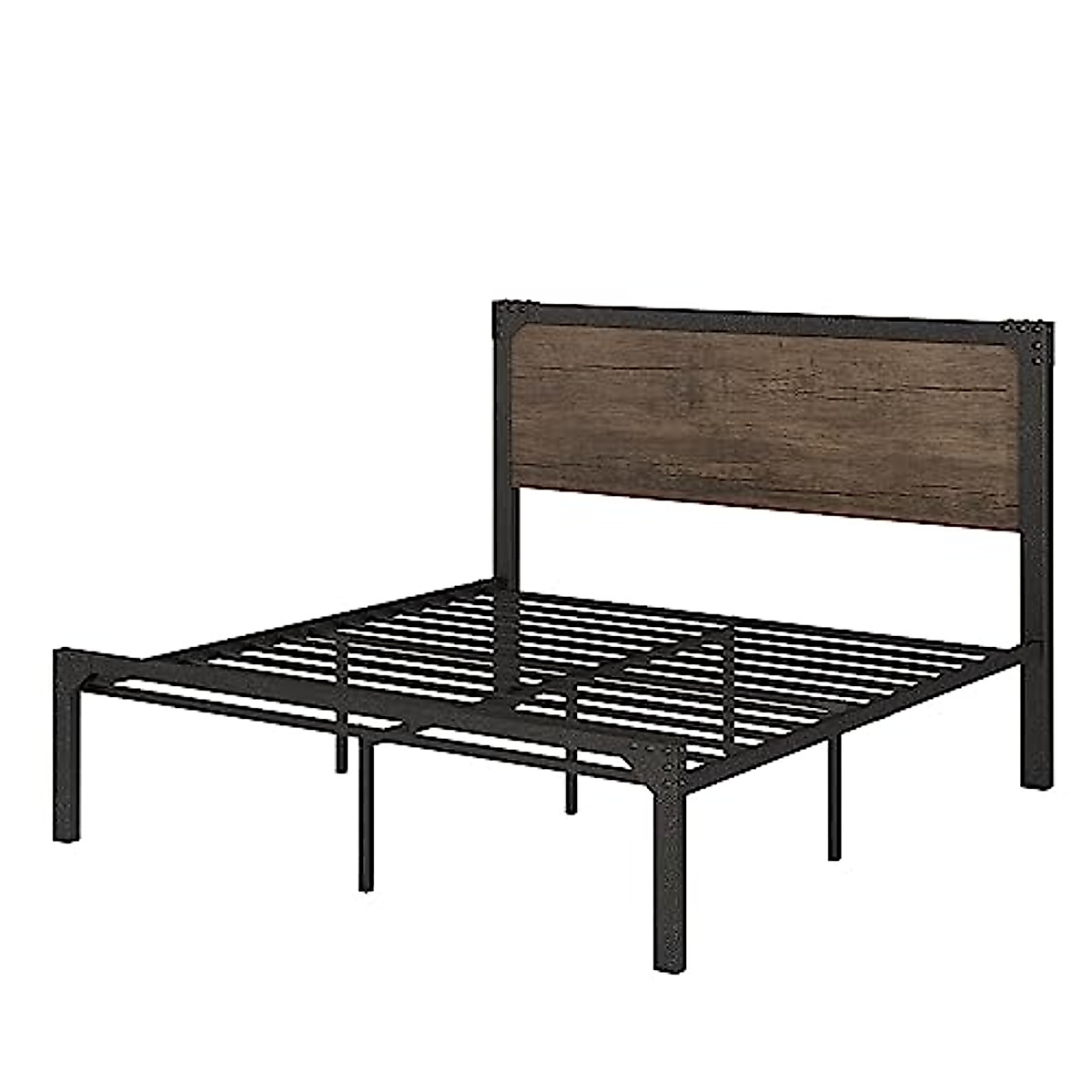 WEEWAY Queen Size Metal Platform Bed Frame with Wood Headboard, Industrial Rivets Design, Large Under Bed Storage, Mattress Foundation, No Box Spring Needed, Brown