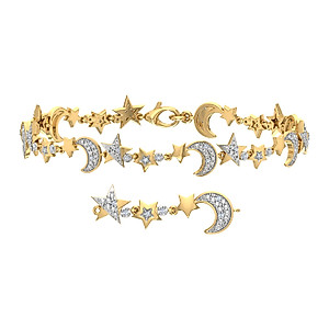 0.15 Carat Diamond Stars and Moon Bracelet in 18K Yellow Gold over Sterling Silver (7.5 Inch)