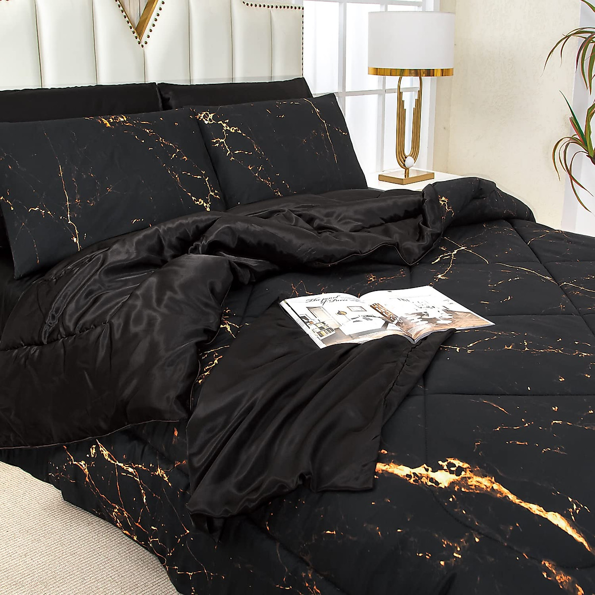 aoaoaoway Black King Marble Comforter Sets, 5 Pieces (1 Quilt + 2 Pillowcases + 2 Silk Pillowcases) Stylish Bedroom Design, Super Soft Silk Microfiber Quilt, All Seasons(Black4,King)