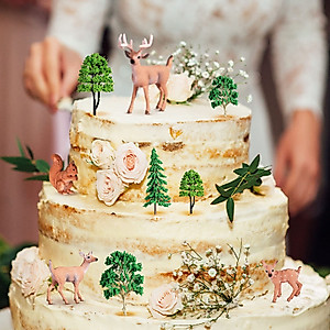 35 Pcs Woodland Animals Figures Model Trees Kit 5 Pcs Forest Animal Toys 30 Pcs 1.18-6.30 Inch Mixed Miniature Trees Miniature Cake Toppers Kids Birthday Christmas Village Accessories (Deer Style)