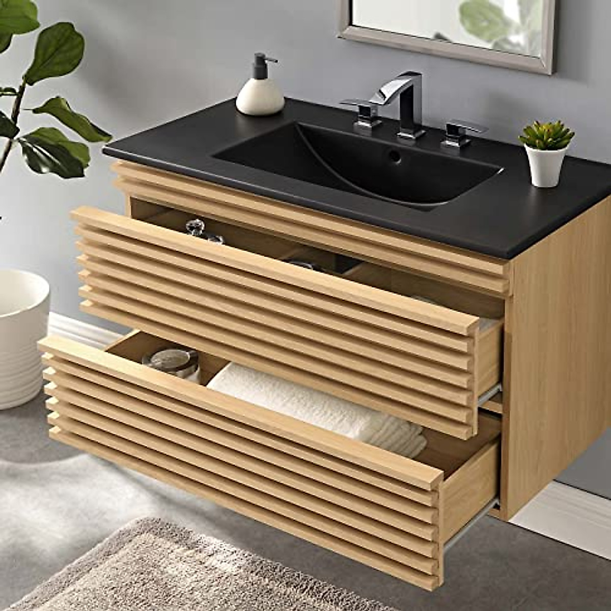 Modway Render 36" Wall-Mount Bathroom Vanity in Oak Black