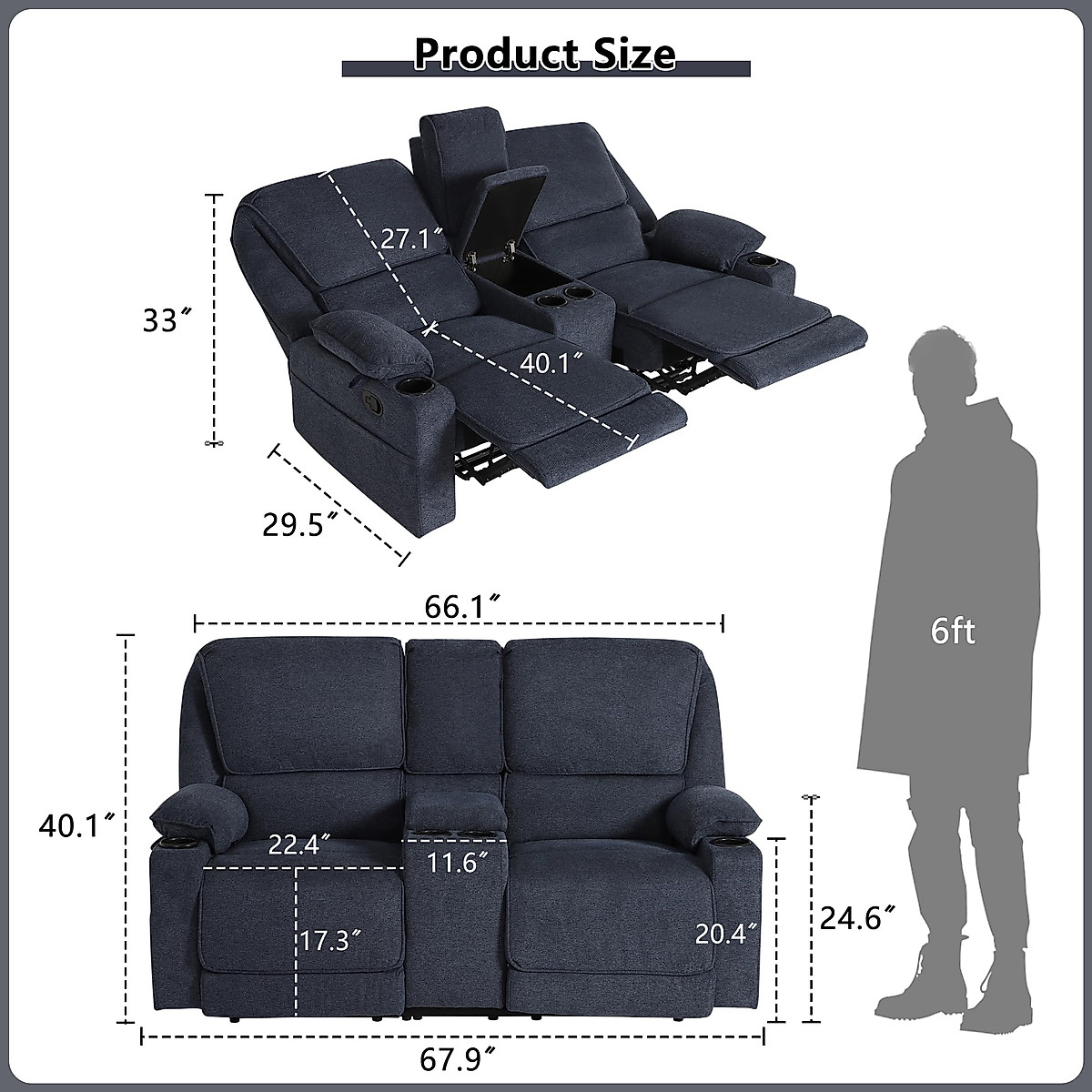 YOCONYO Loveseat Recliner, RV Reclining Loveseat, Home Theater Seating, Manual Loveseat with Console, 4 Cup Holders, 2-Seater Recliner Sofa, RV Furniture for Travel Trailers, Livingroom (Navy Blue)
