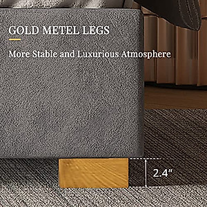 Albott King Size Platform Bed Frame, 65" Velvet Upholstered Bed with Gold Trim Headboard/Wooden Slats/No Box Spring Needed/Grey