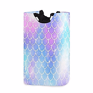 Princess Mermaid Kawaii Rainbow Scales Laundry Hamper Basket Bucket Sea Fish Tale Foldable Dirty Clothes Bag Washing Bin Toy Storage Organizer for College Dorms, Kids Bedroom,Bathroom