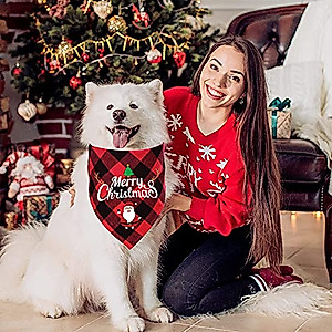 STMK 2 Pack Christmas Plaid Dog Bandanas, Merry Christmas Holiday Plaid Dog Bandanas for Large Medium Dog Christmas Costume Decorations (Red & Green, Santa & Snowman)
