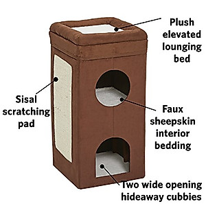 MidWest Homes for Pets Cat Condo | Tri-Level Design in Brown Faux Suede & Synthetic Sheepskin | 14.6L x 14.72W x 30.39H Inches