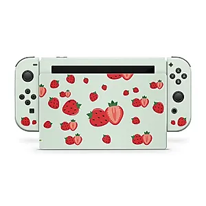 Tacky Design Strawberries Skin Compatible with Nintendo Switch Skin Wrap Cover, Kawaii Green Strawberry Skin for Nintendo Switch Stickers, Premium Vinyl 3M Full Wrap Decal.