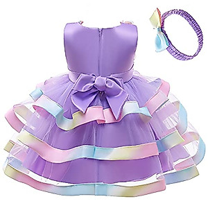 6M-6T Toddler Baby Girls Colorful Floral Tutu Gown Dress Party Evening Wedding Christmas Dance Dresses with Headwear Purple 90