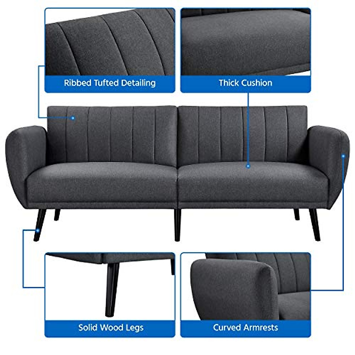 Yaheetech Convertible Sofa Bed with Wooden Legs Polyester Upholstery Futon Ribbed-Tufted 3-Seater Sofa Bed for Limited Space/Small Apartment/Guest Room Gray