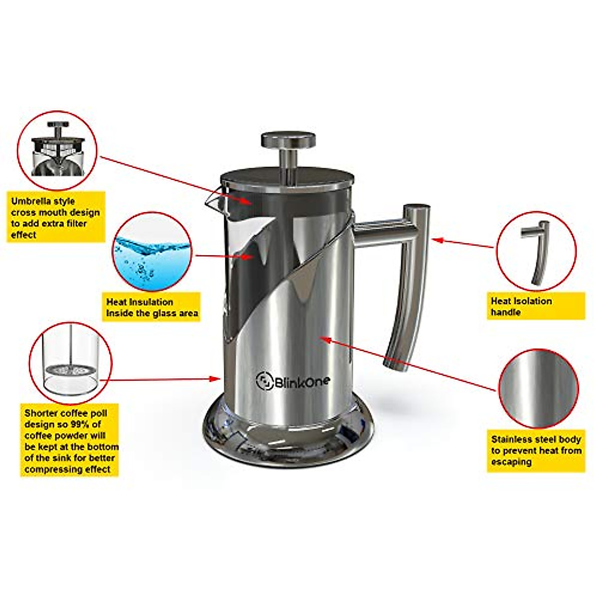 BlinkOne French Press: Single, Double and Up-to Three Serve Cup Espresso Coffee Maker (12 Oz)