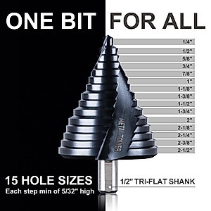 GRENPRO Gigantic Step Drill Bit,1/4" - 2-1/2"Large Step Drill Bit,M35 HSS Impact Tough Step Drill Bit Set,1/2" Shank Unibit Step Drill Bit for Metal, Stainless Steel, Aluminum, Wood, Plastic