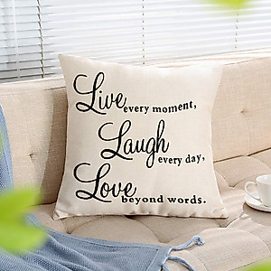 Ogiselestyle Live Every Moment Laugh Every Day Love Beyond Words Motivational Sign Cotton Linen Home Decorative Throw Pillow Case Cushion Cover with Words for Book Lover Sofa Couch 18" x 18"