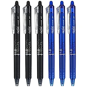 Pilot FriXion Clicker 0.7mm, Erasable Gel Pens, Fine Point (6-Pack, Black/Blue)