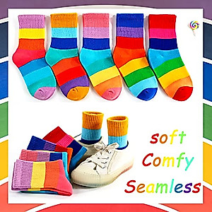 hakugoo Kids Crew Socks Seamless Boys Girls Rainbow Stripes Socks Cotton Athletic Socks 6-8 Years Unisex Cute Fun Socks Boot Socks 5 Pairs (Set C,M)
