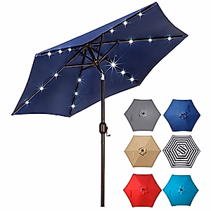 Blissun 7.5 ft Solar Umbrella 18 LED Lighted Patio Umbrella Table Market Umbrella with Tilt and Crank Outdoor Umbrella for Garden, Deck, Backyard, Pool and Beach (Navy Blue)