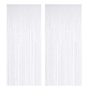 Muhome White Foil Fringe Curtain, 2PCS 3.28FT x 8.2FT Tinsel Door Curtains & 1 Masking Tape White Fringe Backdrop for Wedding Birthday Bridal Shower Bachelorette Party Decorations
