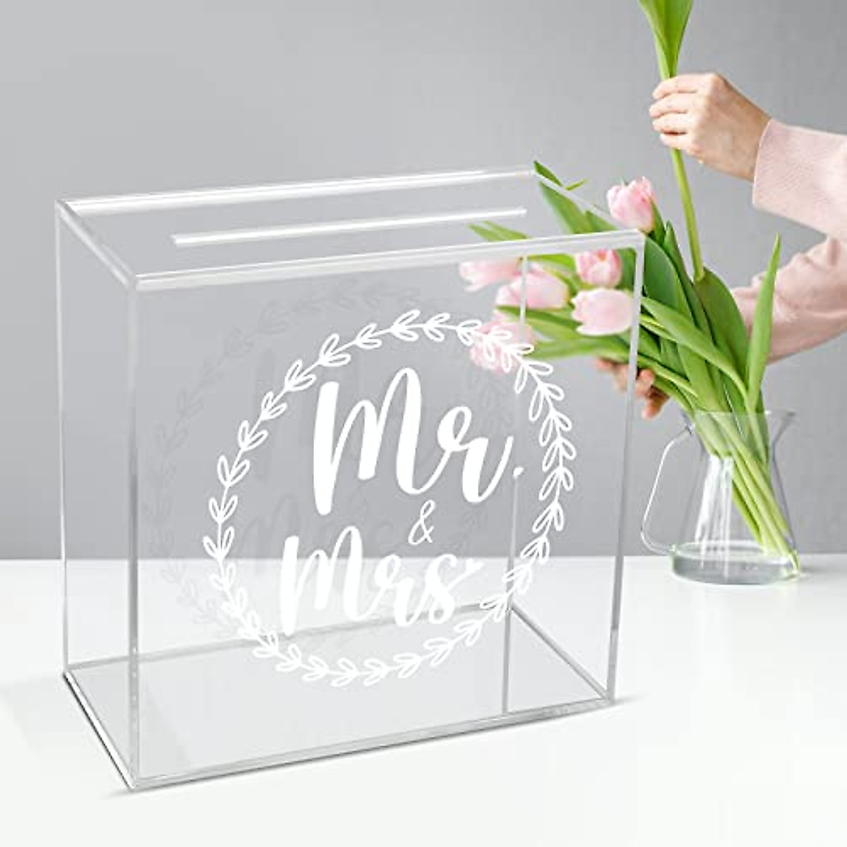 JXQCLR Wedding Card Boxes for Reception,Large 10x10x5.5 inch, Mr and Mrs Gifts, Clear Acrylic Wedding Card Box with Slot