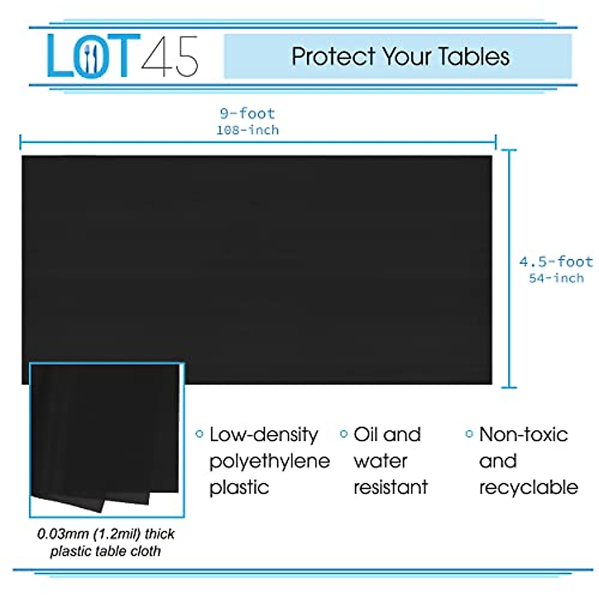 Lot45 Black Plastic Tablecloths - 54 x 108 in Disposable Tablecloths for Rectangle Tables Disposable Table Covers, 12pk