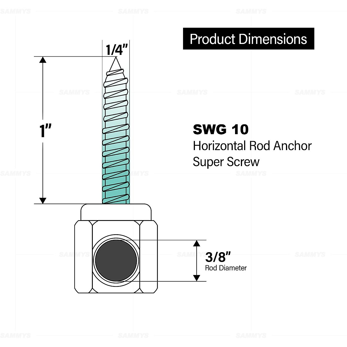 Sammys 8020957-25 1/4 x 1'' Horizontal Rod Anchor Super Screw with 3/8 in. Threaded Rod Fitting, for Wood (Pkg.=25) , Zinc