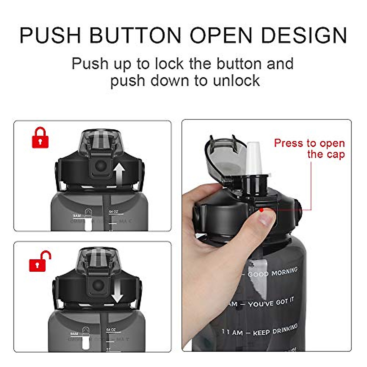 Opard 64 oz Water Bottle with Time Marker to Drink Half Gallon Motivational Water Bottle with Straw and Handle Large BPA Free Water Jug for Sports Gym Fitness (Deep Black)