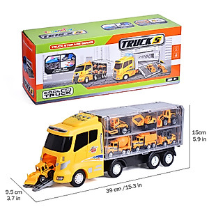 LOYEH 18 in 1 Die-cast Construction Truck Kids Play Vehicles Toy Set, Construction Toy Truck with 12 Construction Vehicles and 8 Toy Figures, Lights and Sounds, Kids Birthday Gifts