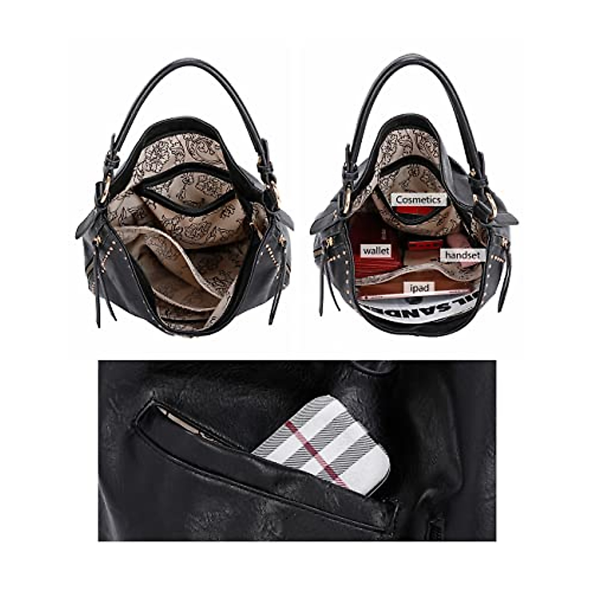 Concealed Carry Extra Large Hobo Bag Crossbody Purse Shoulder Bag Handbag Wallet Faux Leather Women Tote (Black)