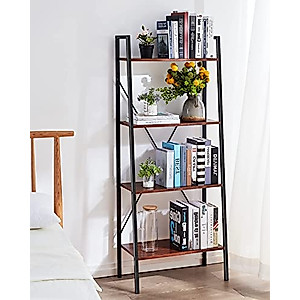 FURNINXS Ladder Shelf Bookcase, Bookshelf 4 Tier, Industrial Standing Shelf Storage Rack Storage Organizer Plant Stand, Steel Frame Book Shelf for Living Room/Bedroom/Kitchen/Bathroom - Red Brown