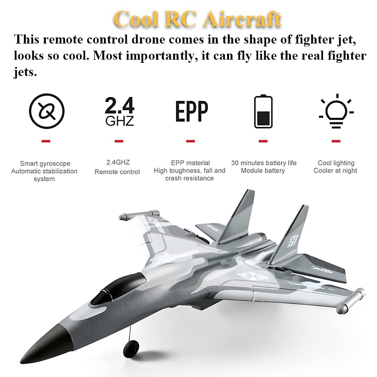 NEXTAKE RC Fighter Jet, 2.4GHz Remote Control Aircraft Warplane Fighter Remote Control Warcraft EPP Plane RC Warplane Glider Throw to Fly Drone with Smart Gyroscope (Gray)