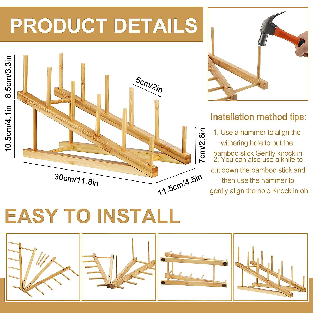 Suclain 6 Pcs Wooden Dish Rack Bamboo Drying Rack Stand Kitchen Plate Organizer Plate Holder for Cabinet Cutting Board Display Stand for Dish Plate Bowl Water Bottles Cup Pot Lid Cutting Board
