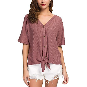 IWOLLENCE Womens Waffle Knit Tunic Blouse Tie Knot Short Sleeve Henley Tops Loose Fitting Bat Wing Shirts Rust Red, XL