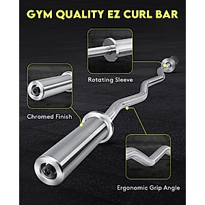 HIRALIY 47" Olympic EZ Curl Barbell Bar for 2-inch Weight Plates Curling Lifting Bicep Curl, 2 Spring Collars Included (Chrome)