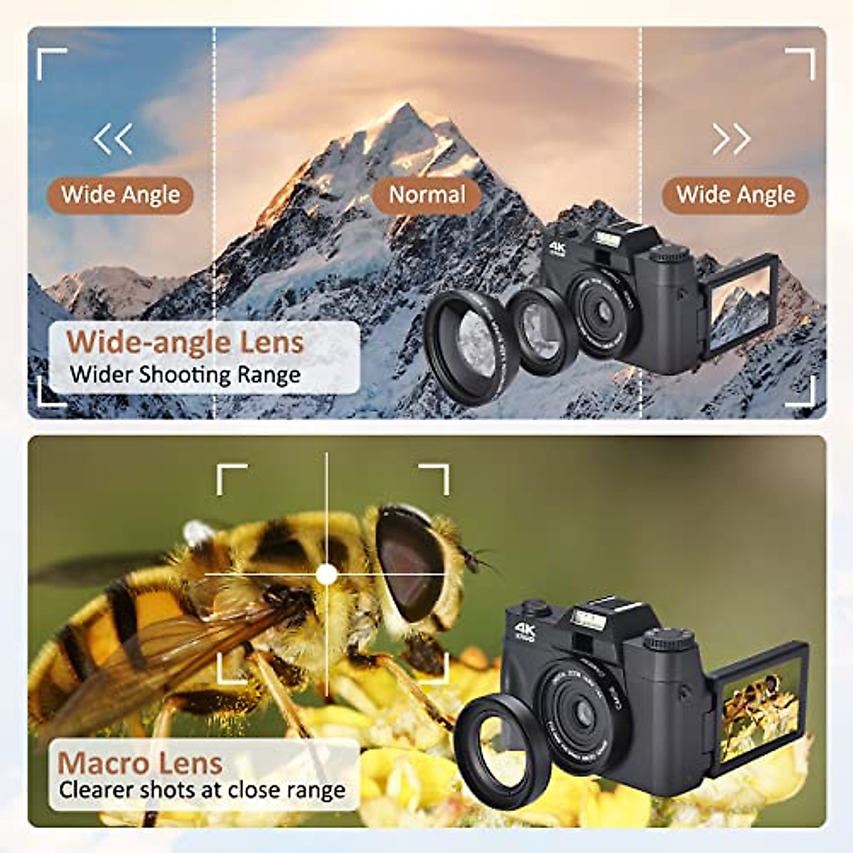 JUSTFX 4K Digital Camera,Vlogging Camera with WiFi for YouTube,Autofocus 16X Zoom 48MP Cameras Photography 64GB SD Card,Wide Angle & Macro Lens,2 Batteries,180°Flip Screen,Black