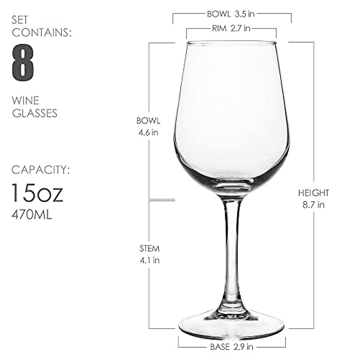 FAWLES Fully Tempered Wine Glasses, Shock Resistant Wine Glass Set for Red or White Wine, Dishwasher Safe Stem Glasses for Restaurants, Bars, Home (Set of 8, 15.5 oz)