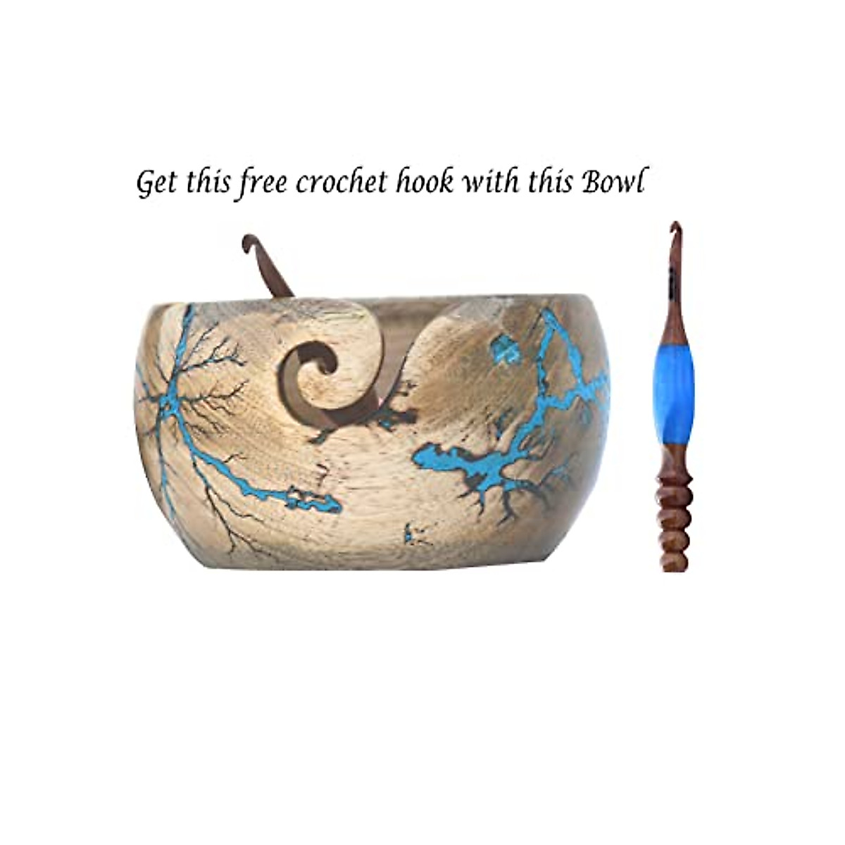 Wooden Yarn Bowl - Knitting Yarn Bowls with Holes Crochet Bowl Holder Handmade Yarn Storage Bowl - Lichtenberg Figure Yarn Bowl (Blue)