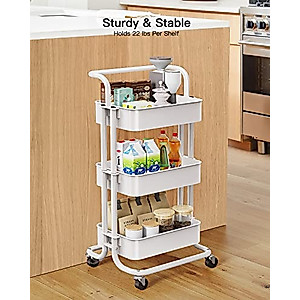 Totnz Rolling Utility Cart, 3-Tier Mesh Organization Cart with Lockable Wheels, Multi-Functional Storage Trolley for Office, Living Room, Kitchen, Laundry, Bathroom Storage, White (TZUC01W)