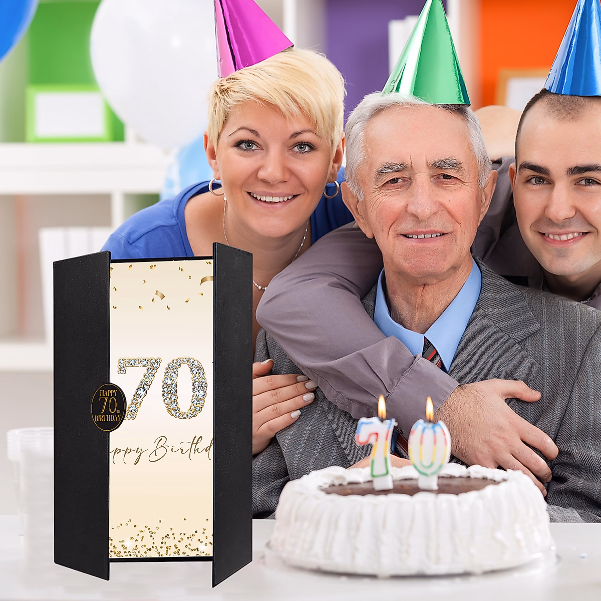 DARUNAXY Black Gold 70th Birthday Party Decorations, Happy 70th Birthday Alternative Signature Guest Book for Men Women Cheers to 70 Years Old Gifts 70 Birthday Signing Card Board Party Supplies