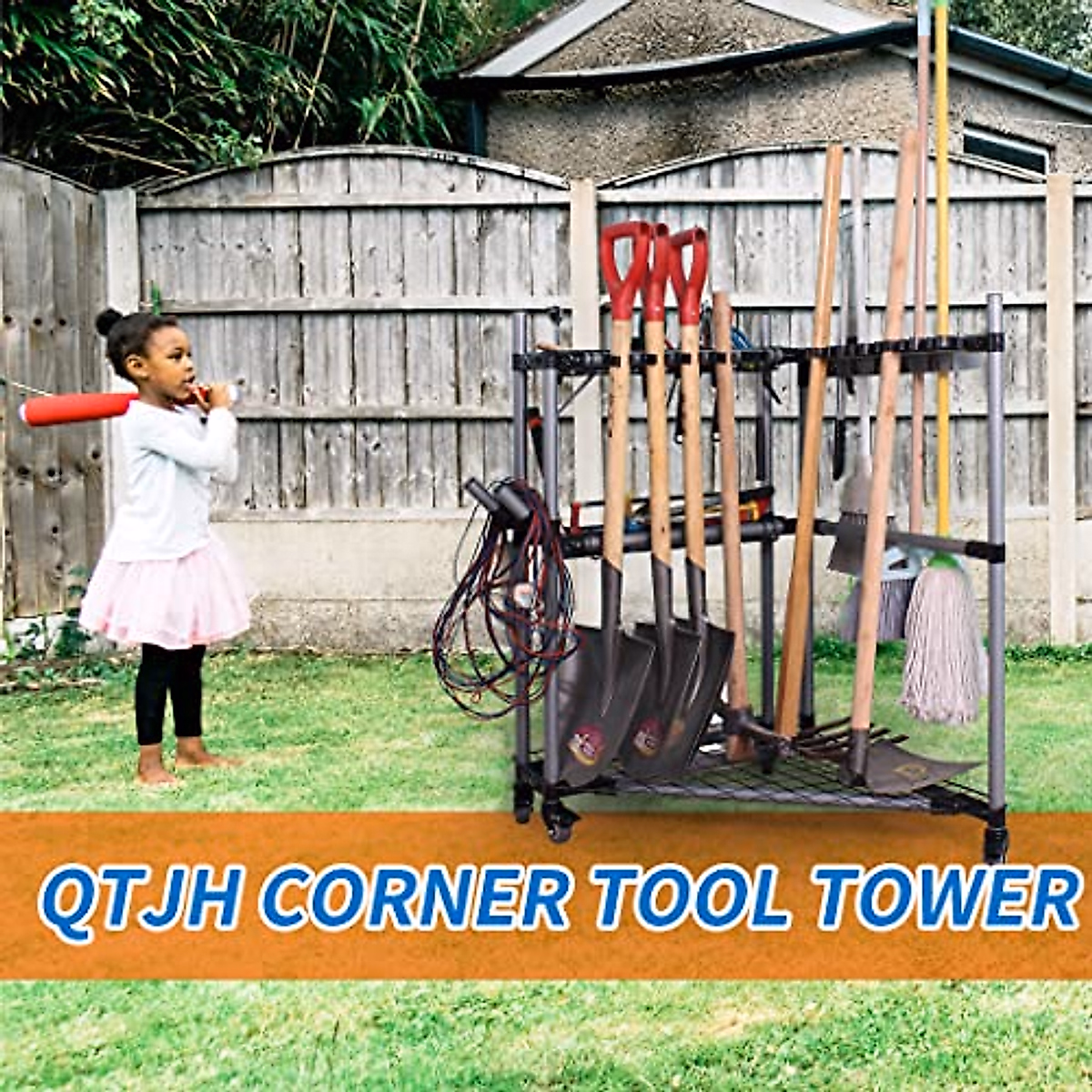 QTJH Garden Tool Organizer with Wheels Rolling Corner Tool Storage Rack for Garden Tool Tower Broom Holder
