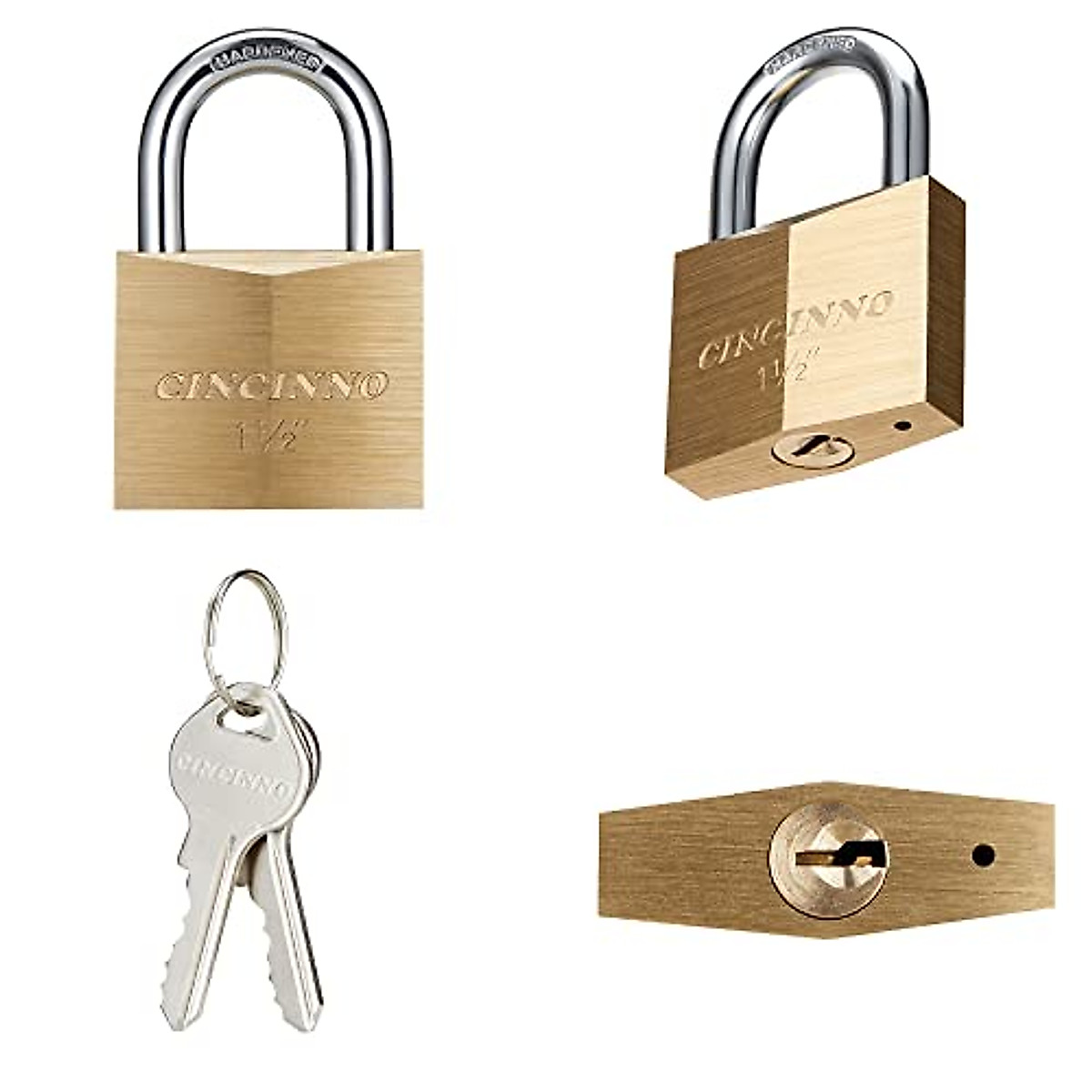 CINCINNO Solid Brass Padlock with Key, Key Lock with 1-9/16" Wide Body, 2 Pack Keyed Alike Locker Lock with Key