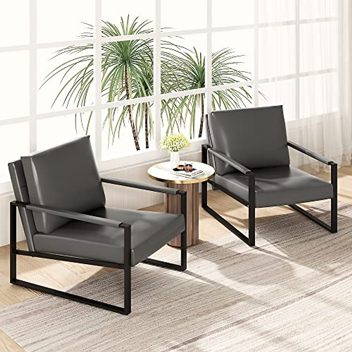 AWQM Modern PU Leather Accent Chair Arm Chair with Extra-Thick Padded Backrest and Seat Cushion Sofa Chairs for Living Room Bedroom, 105 Degree Slant Back, Non-Slip Adsorption Feet, Grey