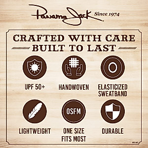 Panama Jack Lifeguard Sun Hat - Palm Fiber Straw, 5" Bound Big Brim, Chin Strap with Toggle, Logo Badge (Natural, One Size Fits Most)