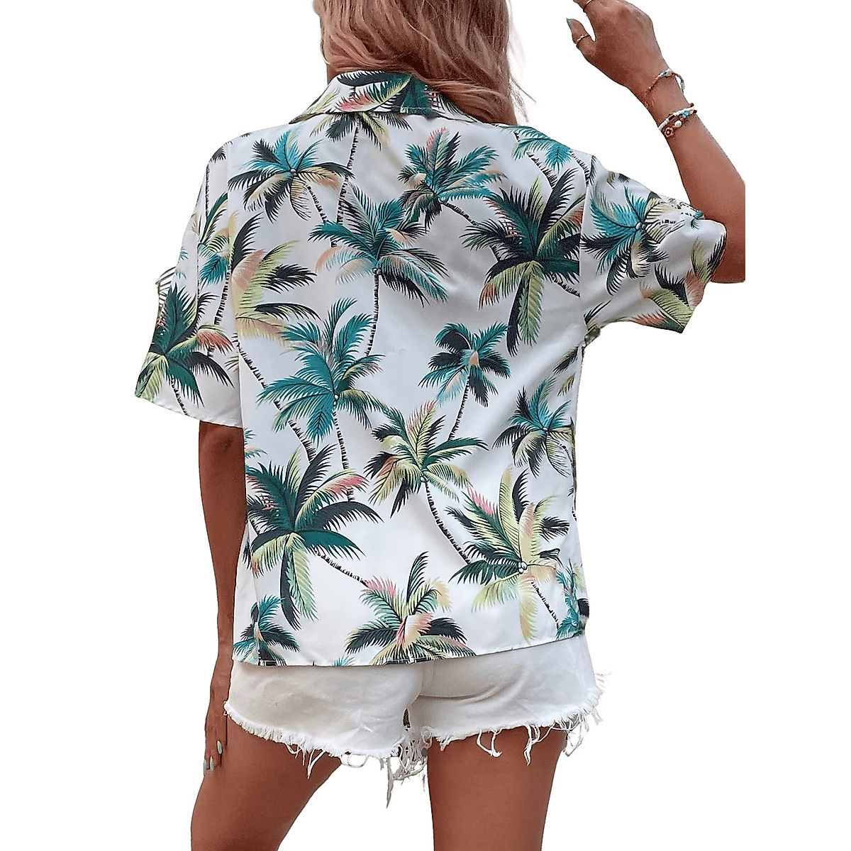 SweatyRocks Women's Short Sleeve Cute Print Button Down Shirt Tops Tropical White M