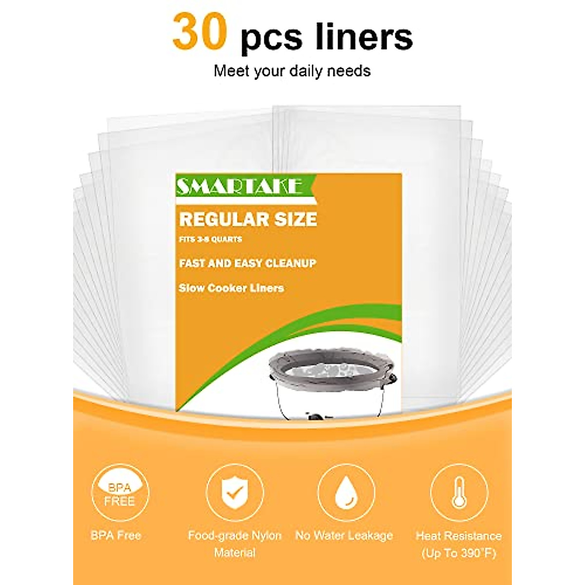 SMARTAKE Slow Cooker Liners, 13 x 21 Inches Disposable Cooking Bags, Easy Clean-Up Plastic Bags, Fit 3QT to 8QT, for Slow Cooker, Crockpot, Aluminum Cooking Trays, Pans, 1 Pack (30 Liners)