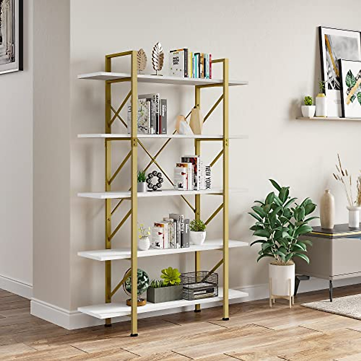 YITAHOME 5-Tier Gold Bookshelf, Artsy Modern Freestanding 5 Shelf Bookcases and Bookshelves, Book Rack, Storage Rack Shelves in in Living Room Home Office, Gold & White