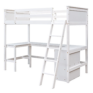 Harper & Bright Designs Twin Loft Bed with Desk and 3 Shelves, Solid Wood Twin Size Loft Bed Frame with Angled Ladder for Kids Teens Boys Girls, No Box Spring Needed (White)