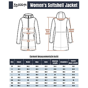 33,000ft Women's Waterproof Softshell Long Rain Jacket with Hood Fleece Lined Windproof Windbreaker