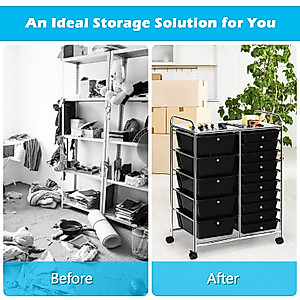 GOFLAME 15-Drawer Rolling Storage Cart, Multipurpose Movable Organizer Cart, Utility Cart for Home, Office, School, Black