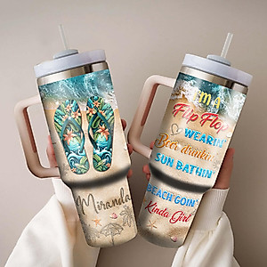 WAZONE Personalized Flip Flop Beach 40oz Tumbler with Handle and Straw Lid Stainless Steel Tumblers Summer Gifts Ideas For Sunbathing Sea Turtle Starfish Lovers Ocean Themed Insulated Cup